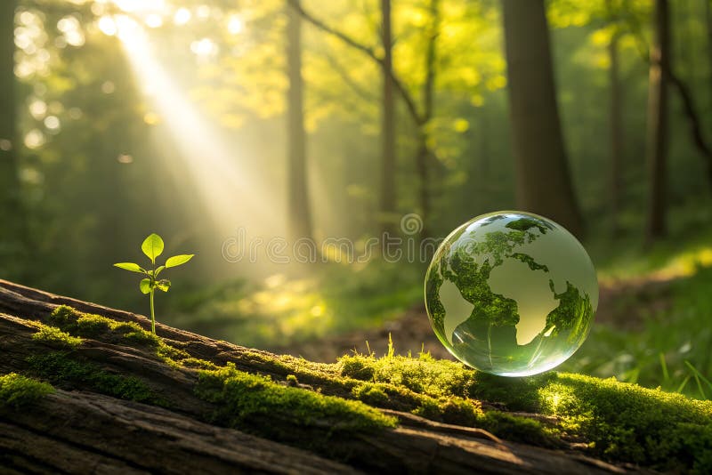 Globe with Earth Map and Small Plant on Mossy Log in Sunlit Forest ...