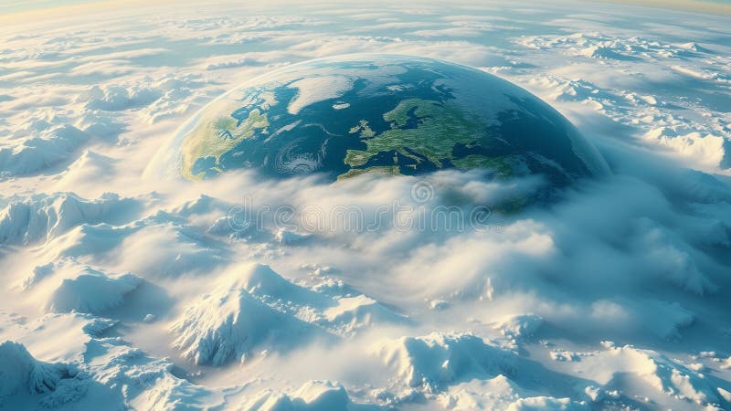 A Globe of Earth Peeks Over a Layer of Clouds and Snowy Mountains Stock ...