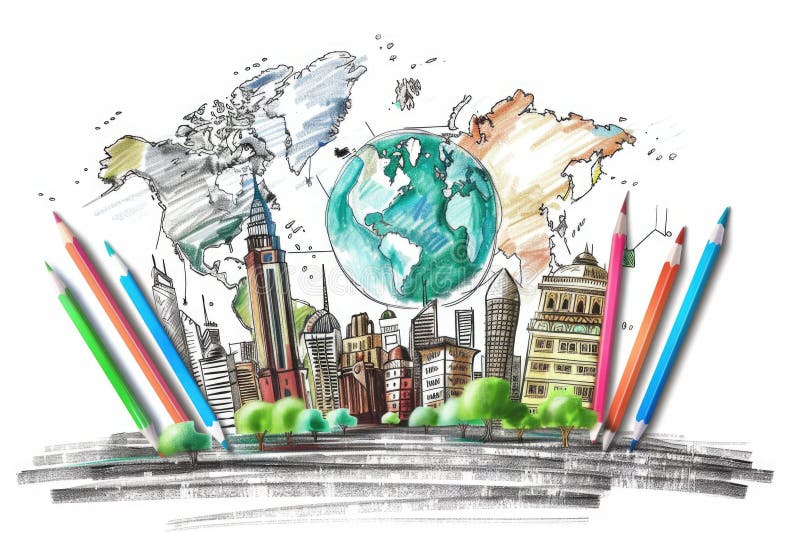 A Globe of the Earth Surrounded by Various Colored Pencils Stock Image ...