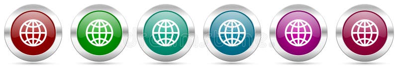 Globe, Earth, World Silver Metallic Vector Icon Set, Round Glossy ...