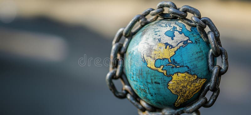 Globe Encircled by Chain Symbolizing Global Issues, Restrictions, and ...