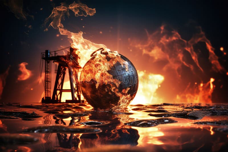 A Globe Engulfed in Flames Sits in a Pool of Oil, with a Silhouetted ...
