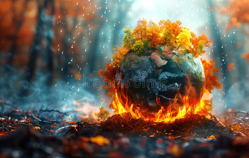 Globe is Engulfed in Flames and Smoke and Trees are Burning Around it ...