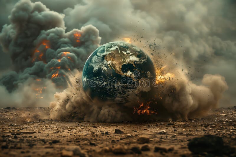 Globe in Explosive Environmental Disaster Scene Stock Image - Image of ...