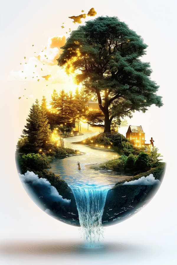 A Globe Filled with Lush Trees, a Gentle Waterfall, and a Winding Path ...