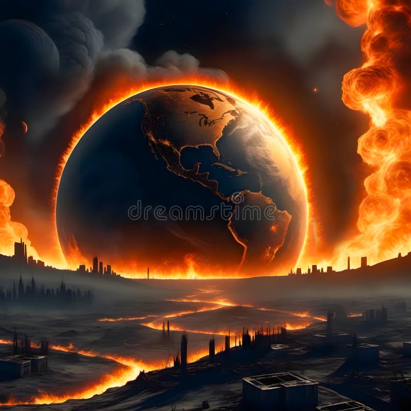 Globe on Fire Over Apocalyptic Landscape of Fire, Lava and Smoke ...