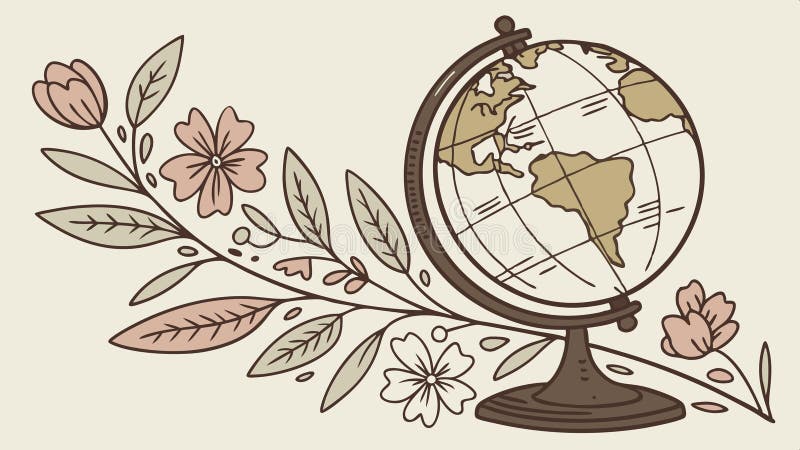 Globe with Floral Accents, Decorative World Exploration Vector Design ...