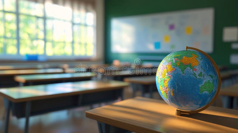 Globe in Focus with American Classroom Background, Desks, Whiteboard ...