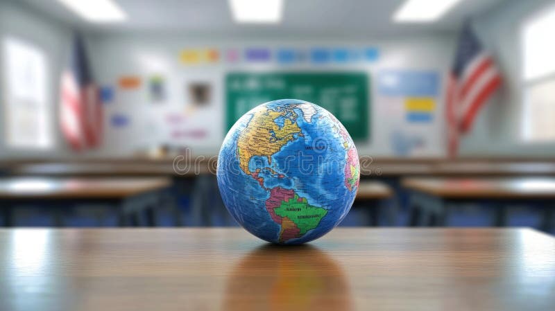 Globe in Focus with American Classroom Background, Desks, Whiteboard ...