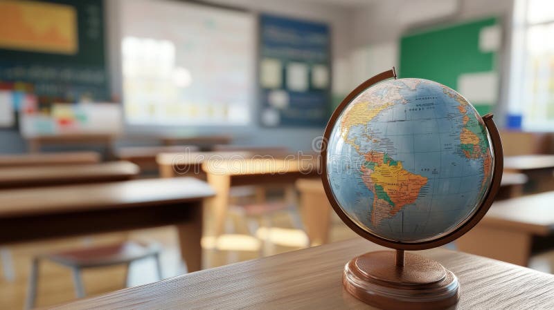 Globe in Focus with American Classroom Background, Desks, Whiteboard ...