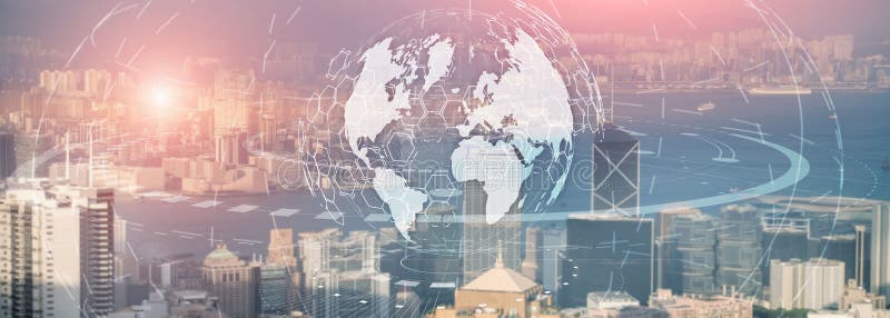 Globe Global Business Technology Concept of Modern City Background ...