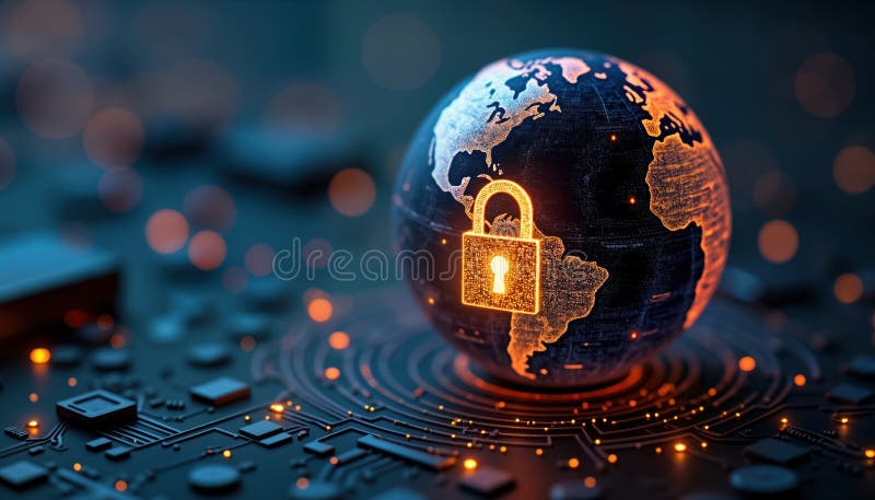 Globe with Glowing Digital Padlock Positioned on Circuit Board. Global ...