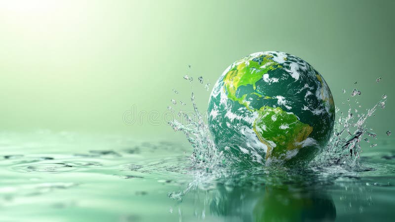 Globe with Green Continents Splashes into Water, Symbolizing Environmental Themes Stock ...