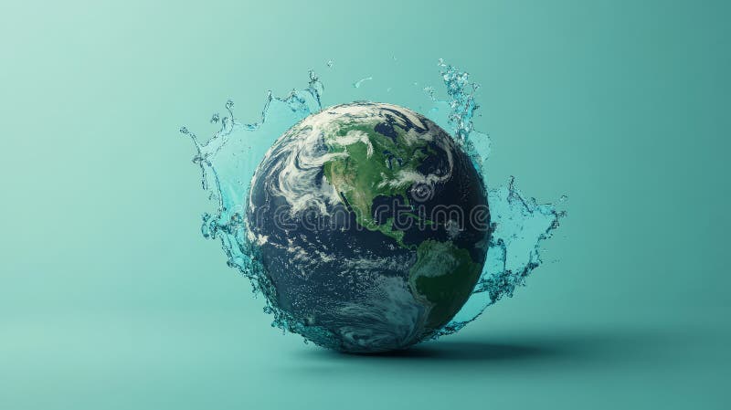 Globe with Green Continents Surrounded by Splashing Water, Symbolizing ...
