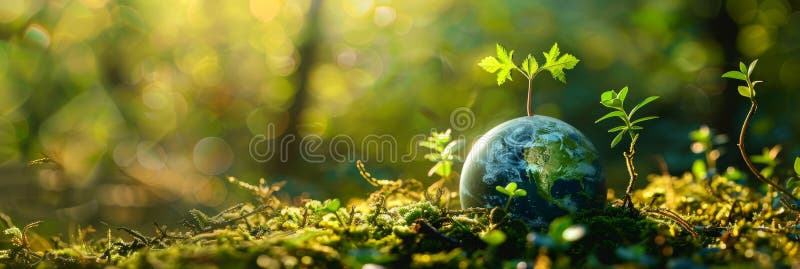 Globe on Ground with Tree Sapling, Forest Background Stock Photo ...