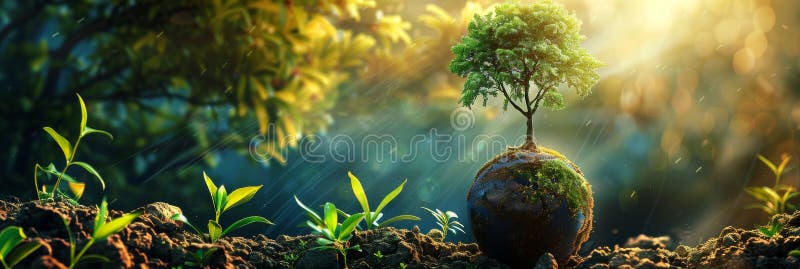 Globe on Ground with Tree Sapling, Forest Background Stock Photo ...