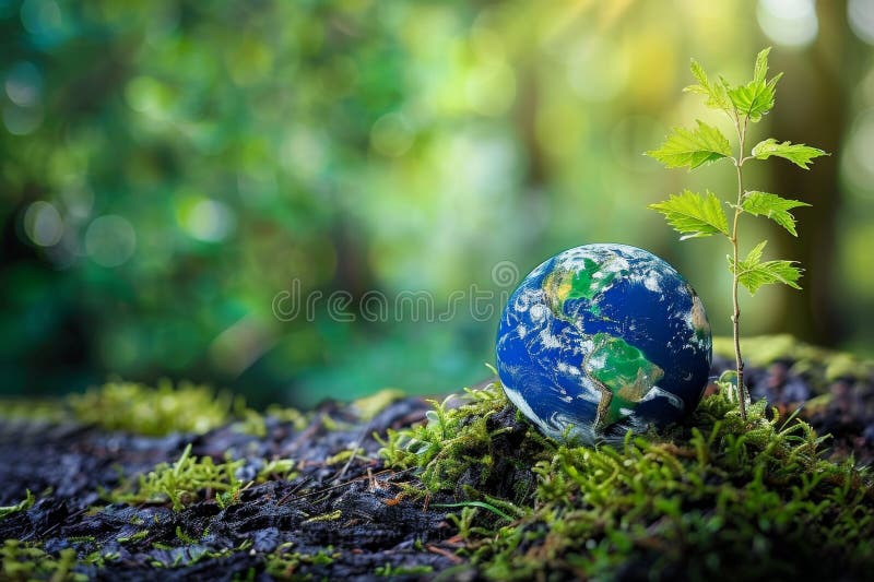 Globe on Ground with Tree Sapling, Forest Background Stock Photo ...