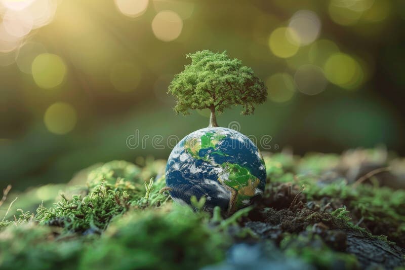 Globe on Ground with Tree Sapling, Forest Background Stock Photo ...