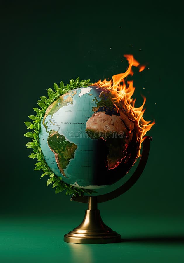 Globe Half Burning, Half Covered in Green Leaves on Green Background ...
