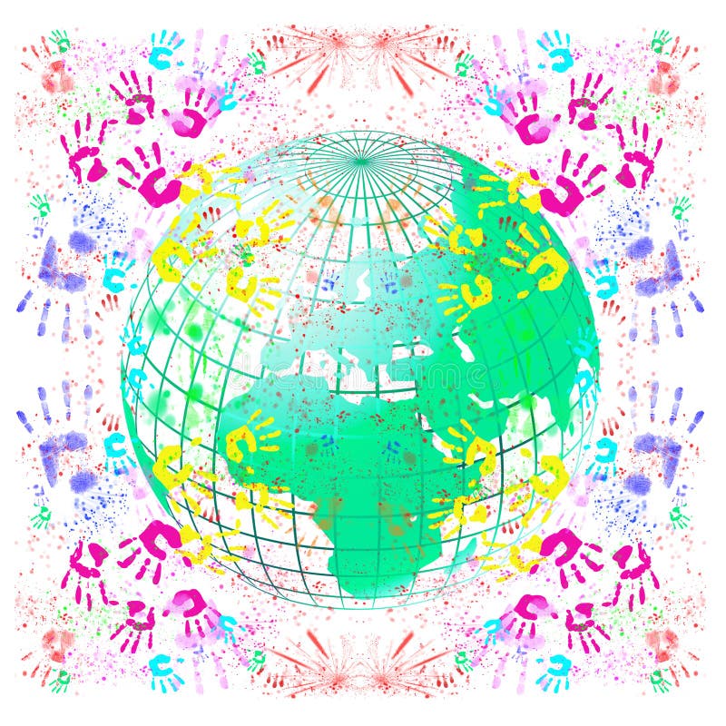 Globe with handprints stock illustration. Illustration of color - 39098799