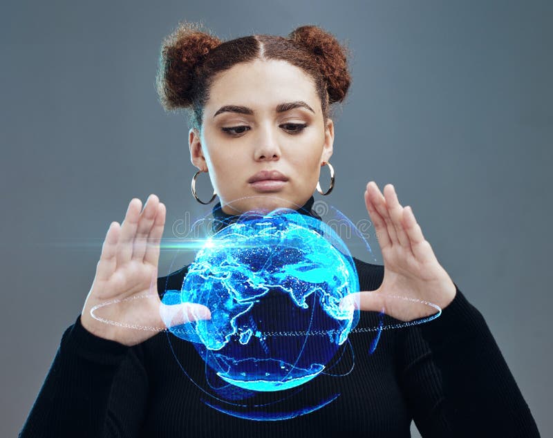 Globe Hologram, Futuristic Tech and Woman, Technology Innovation with ... Globe Hologram, Futuristic Tech and Woman, Technology Innovation with ...