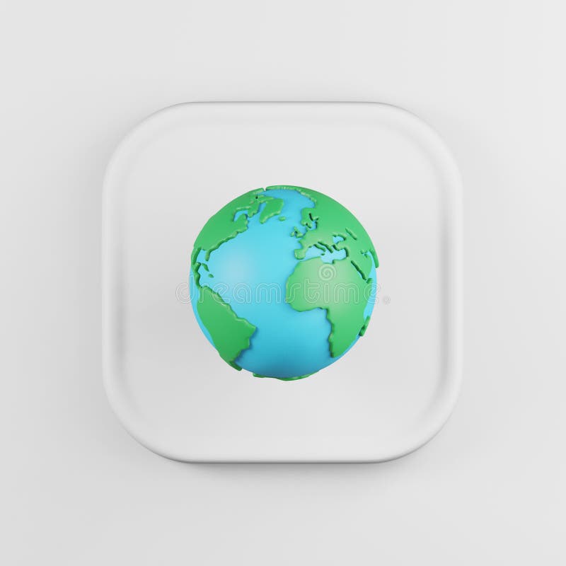 Globe Icon Cartoon Style. 3d Rendering White Square Key Button, Interface Ui Ux Element Stock ...