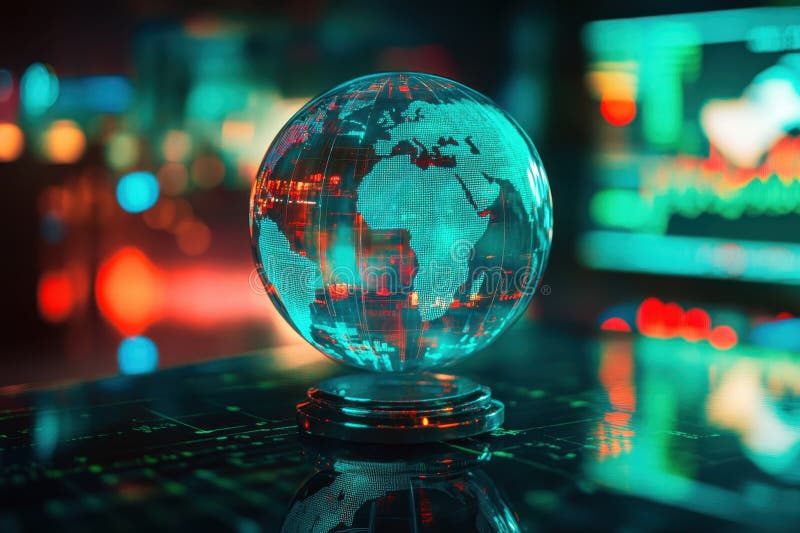 Globe Illuminated with Digital Data Against a Vibrant Urban Backdrop at ...