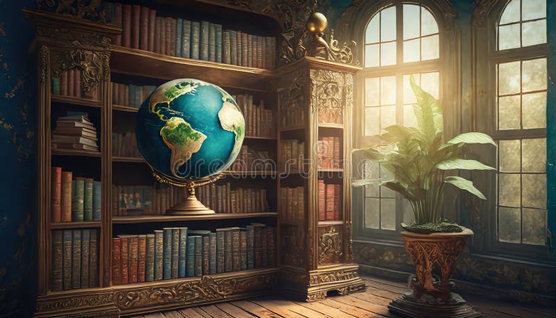 Globe in library stock illustration. Illustration of background - 322282885