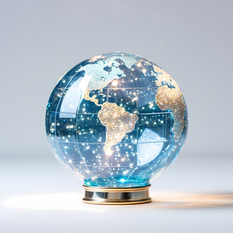A Globe with Lights on it, Blue Glass Globe on White Background Stock ...
