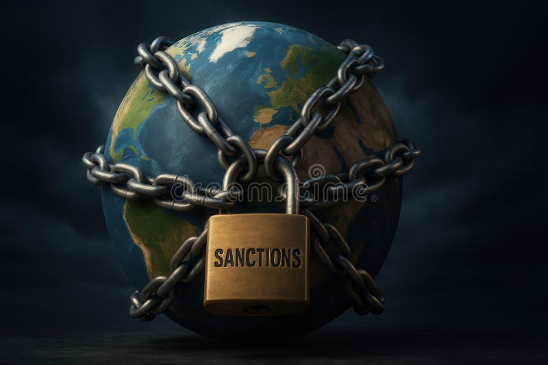 Globe Locked in Chains and Padlock Labeled Sanctions Stock Image ...