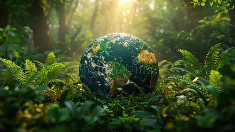 Globe in Lush Forest with Sunlight, Nature Conservation Concept Stock ...