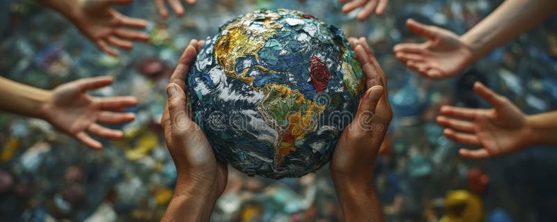 Globe Made of Recycled Materials Surrounded by Hands Stock Photo ...