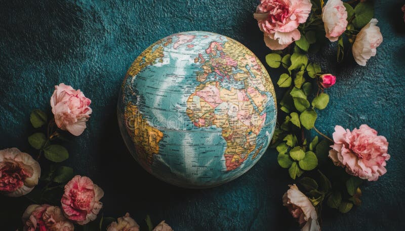 A Globe with a Map is Encircled by Vibrant Flowers in a Colorful ...