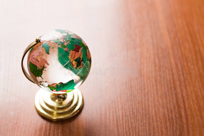 Globe Model on Wooden Desk. Wall Empty Space Background Stock Image ...