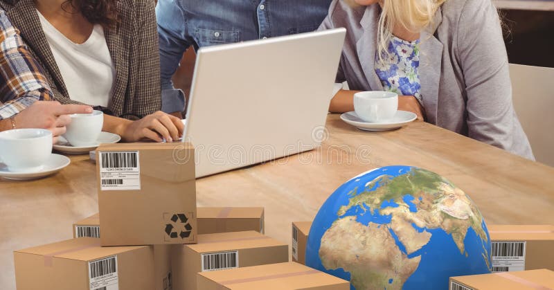 Globe and Multiple Delivery Boxes Against Mid Section of Group of ...
