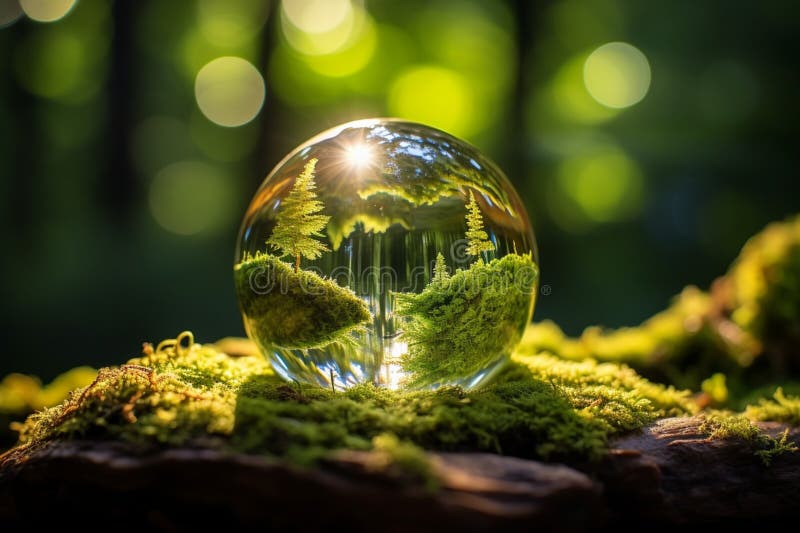 Globe in Nature Earth Sphere Crystal Illuminated by Sunlight on Moss ...