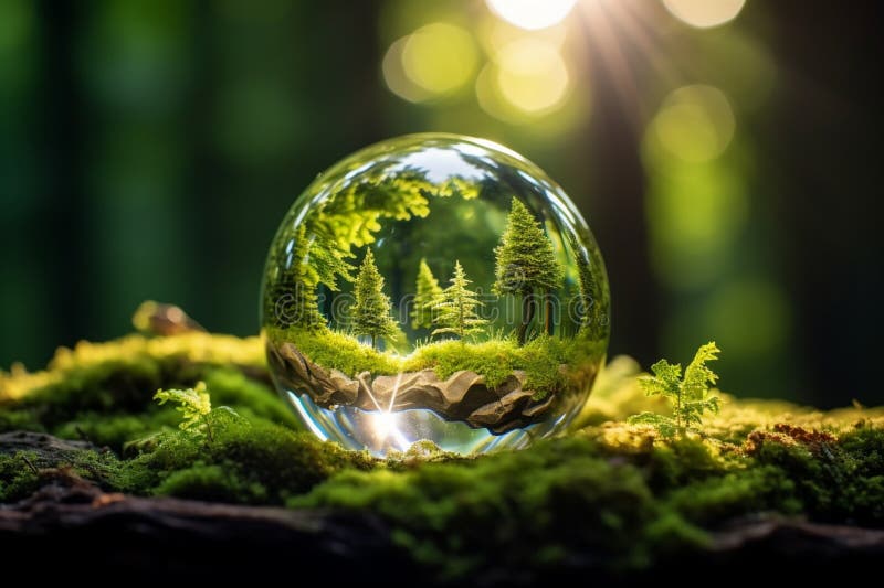 Globe in Nature Earth Sphere Crystal Illuminated by Sunlight on Moss ...