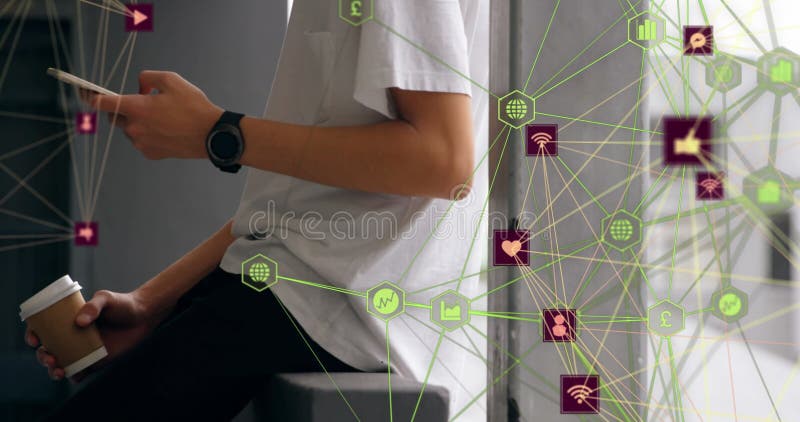Globe of Network of Connections Spinning Against Mid Section of Man ...