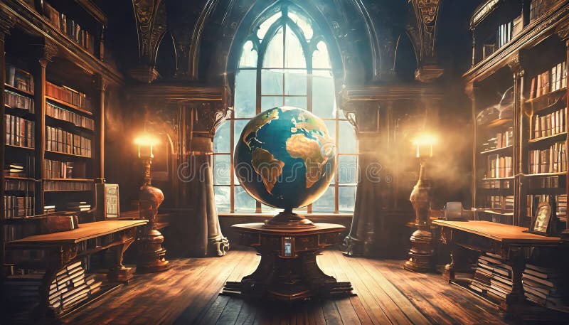 Globe in old library stock illustration. Illustration of building ...