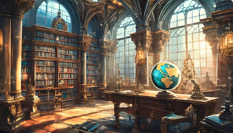 Globe in old library stock illustration. Illustration of night - 329020483