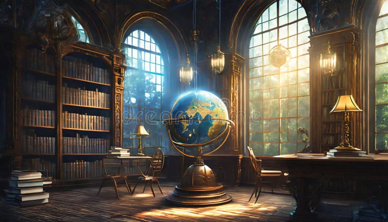 Globe in old library stock illustration. Illustration of suitable ...