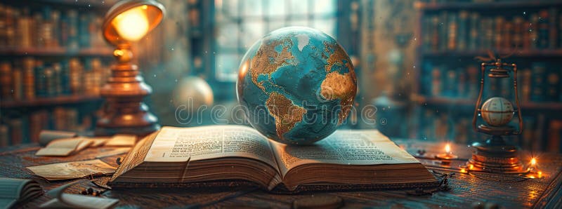 Globe on an Open Book in a Library Stock Illustration - Illustration of ...