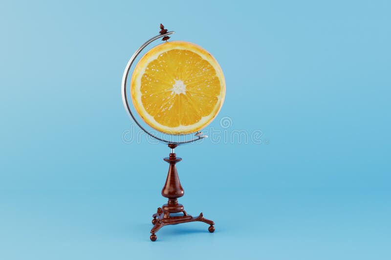 Globe Orange. Orange on a Globe Stand on a Blue Background Stock ...