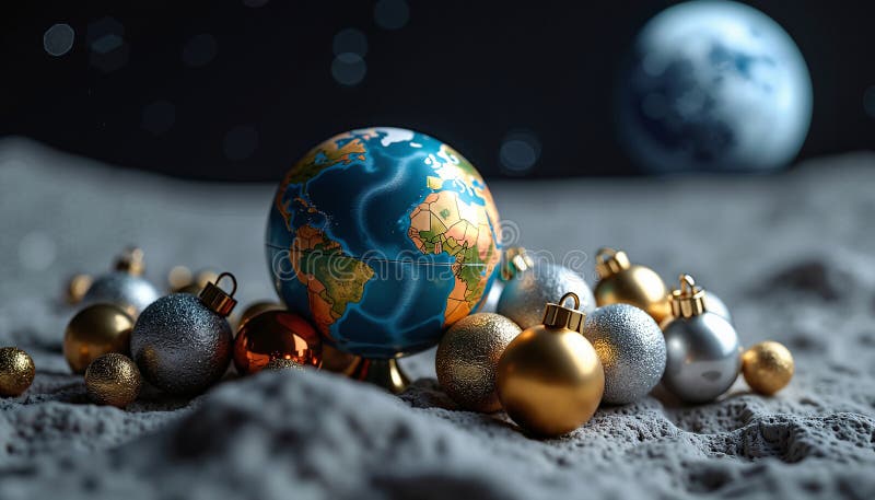 Globe Ornament with Festive Baubles on Lunar Surface, Symbolizing ...
