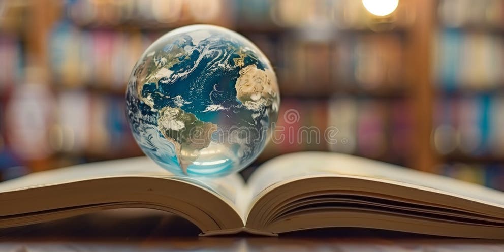 A Globe Placed on an Open Book in a Library, Representing Global ...