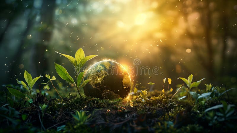 Globe with Plant in Forest, Sunlight Shines through Leaves Stock ...