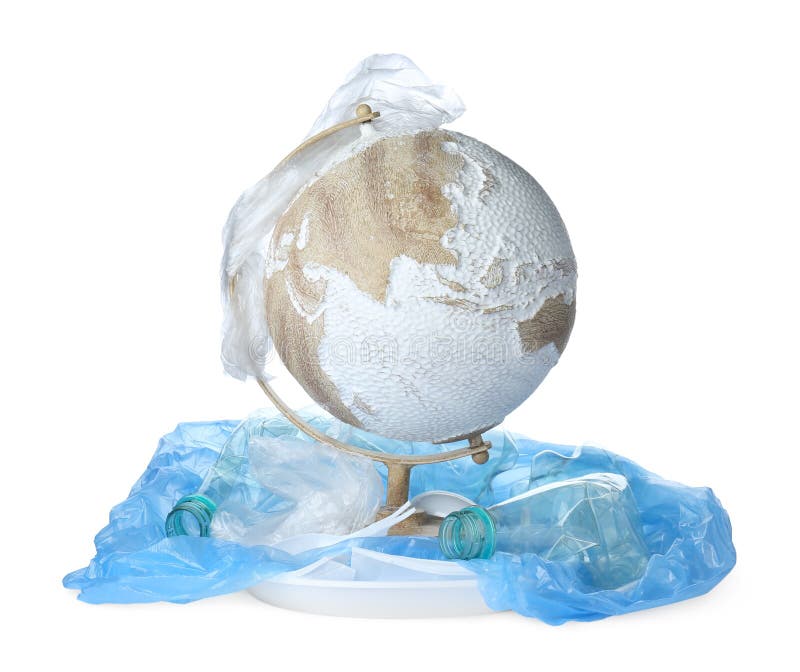 Globe in Plastic Bag Isolated on White. Environmental Conservation ...