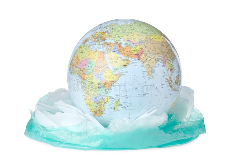 Globe and Plastic Garbage Isolated on White. Environmental Protection ...