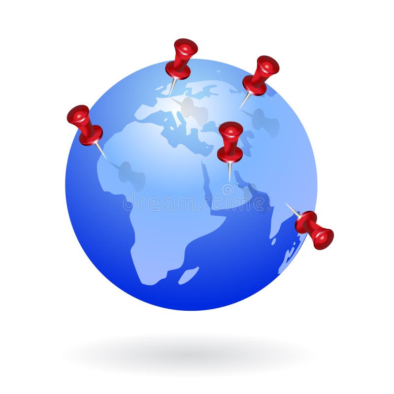 Globe with push pins upon stock vector. Illustration of blank - 13927144