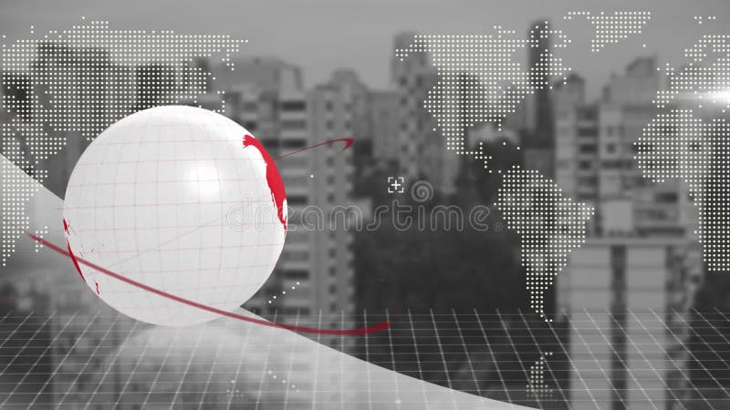 Globe with Red Lines and World Map Animation Over Cityscape Background ...